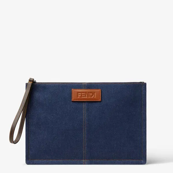 Fendi Ff Flat Pouch Dark Blue Denim Fabric Pouch - [blue]